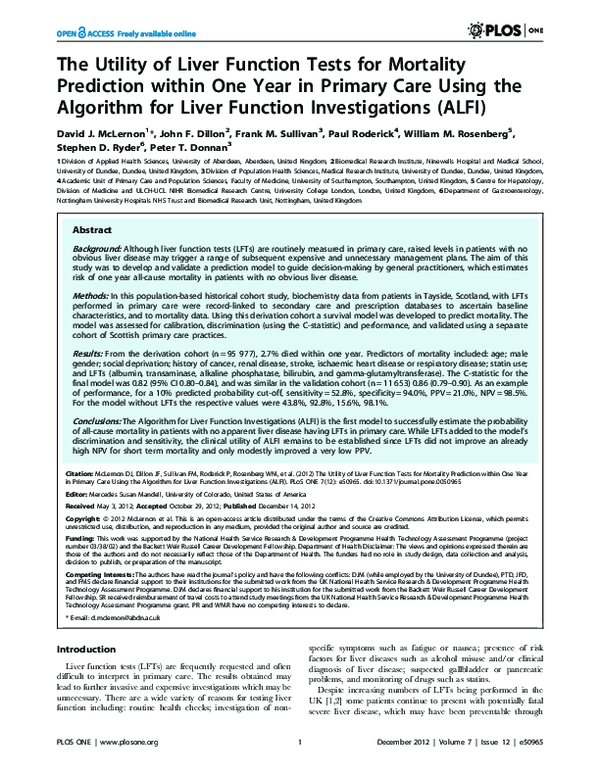(PDF) The Utility of Liver Function Tests for Mortality Prediction ...