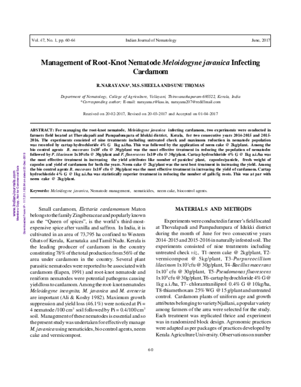 (PDF) Management of Root-Knot Nematode Meloidogyne javanica Infecting Cardamom