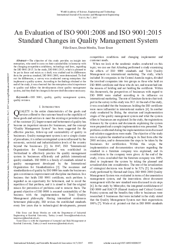 (PDF) An Evaluation of ISO 9001: 2008 and ISO 9001: 2015 Standard ...