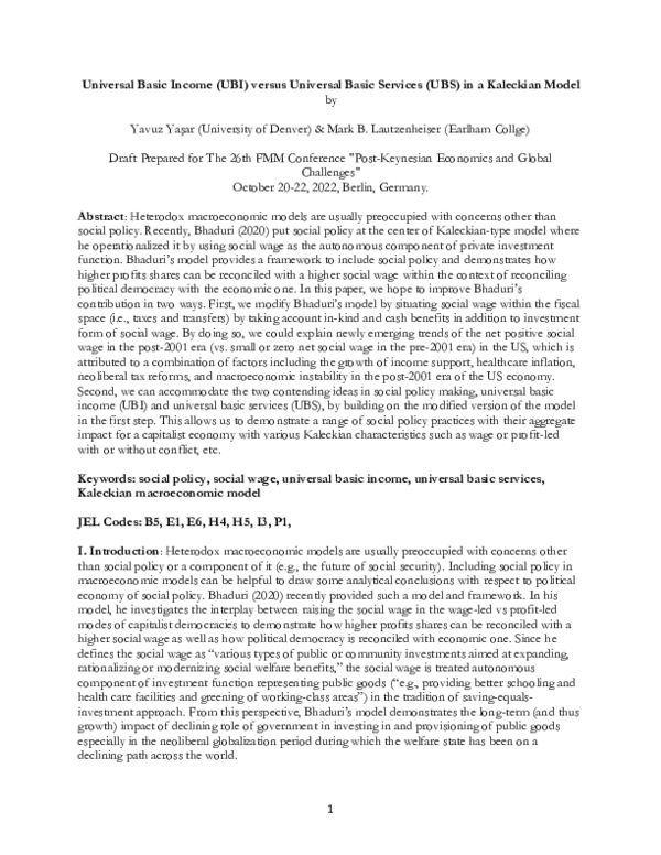 (PDF) Universal Basic Income (UBI) versus Universal Basic Services (UBS) in a Kaleckian Model