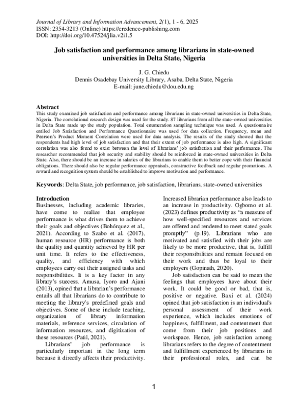 (PDF) Job satisfaction and performance among librarians in state-owned ...