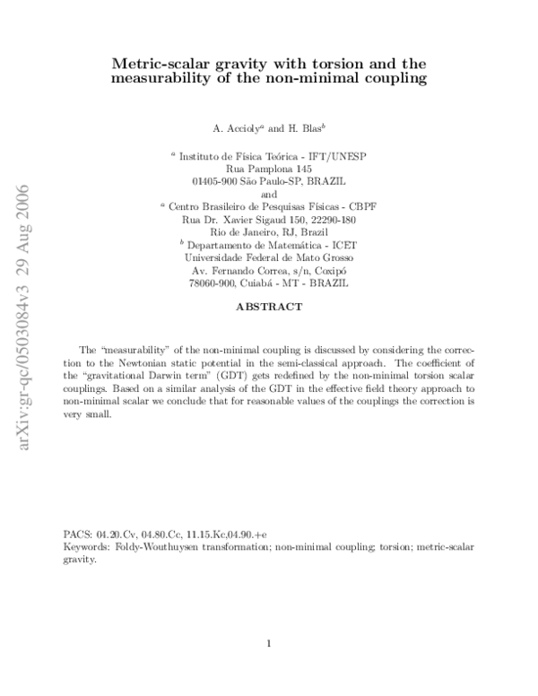(PDF) Metric-Scalar Gravity with Torsion and the Measurability of the ...