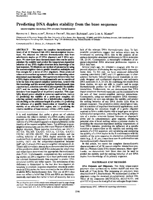 (PDF) Predicting DNA duplex stability from the base sequence