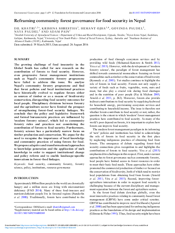 (PDF) Reframing community forest governance for food security in Nepal