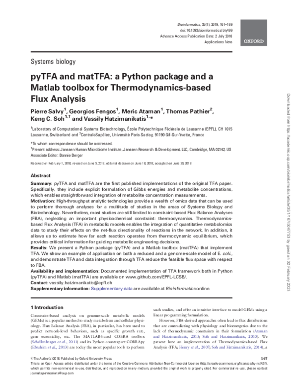 (PDF) pyTFA and matTFA: a Python package and a Matlab toolbox for Thermodynamics-based Flux Analysis
