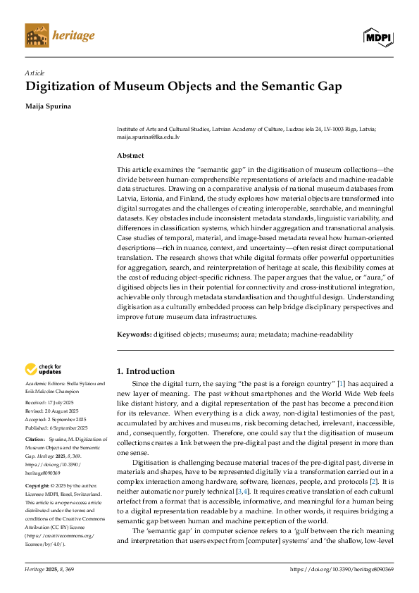 (PDF) Digitization of Museum Objects and the Semantic Gap