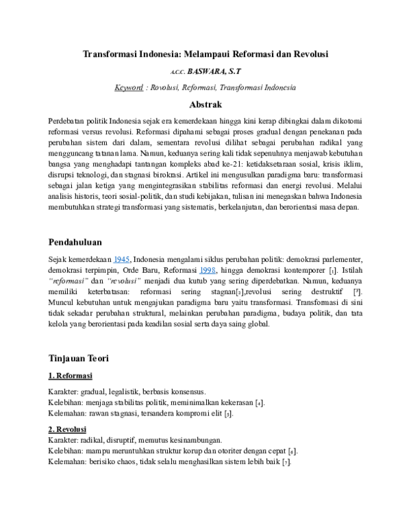 (PDF) Transformasi Indonesia: Melampaui Reformasi dan Revolusi