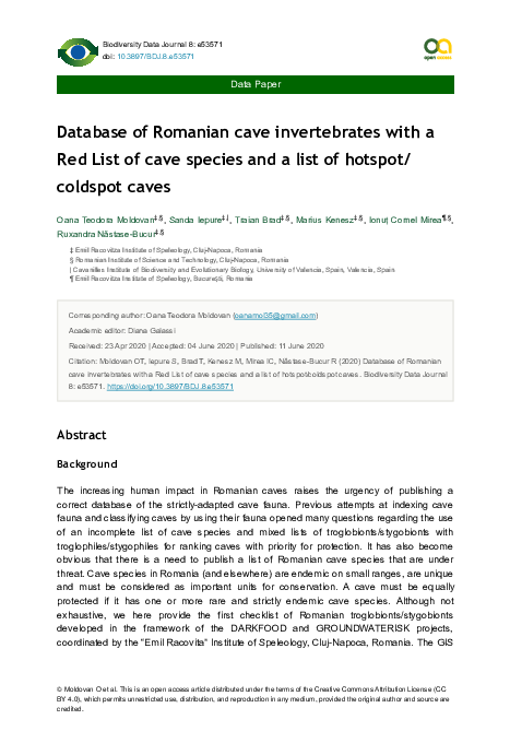 (PDF) Database of Romanian cave invertebrates with a Red List of cave ...
