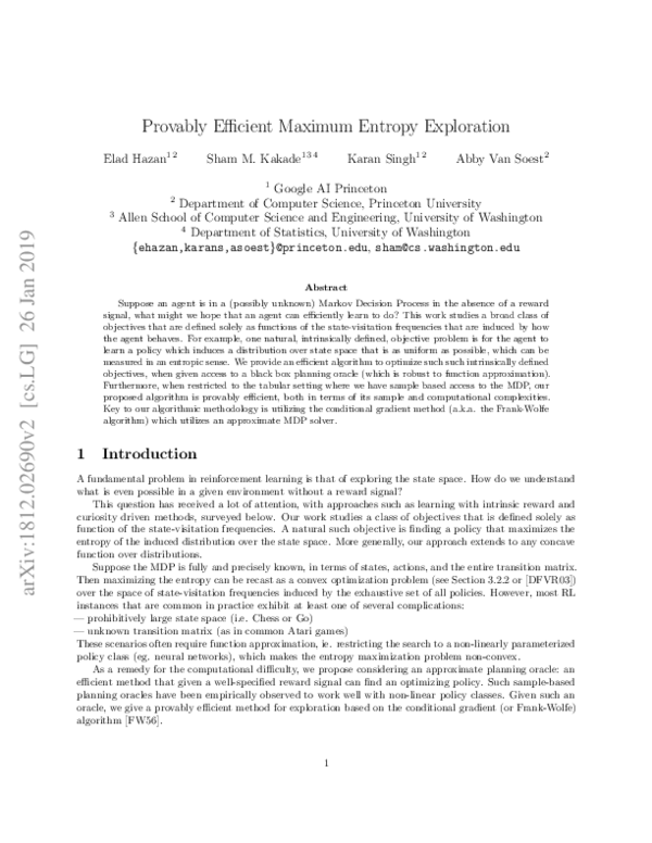 (PDF) Provably Efficient Maximum Entropy Exploration