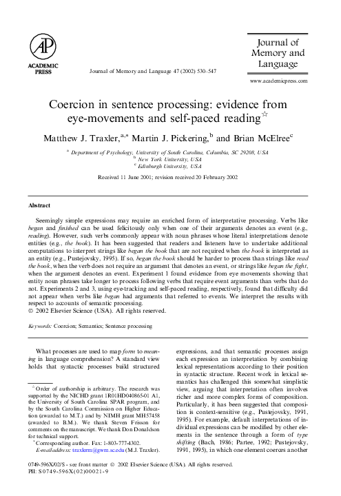 (PDF) Coercion in sentence processing: evidence from eye-movements and ...