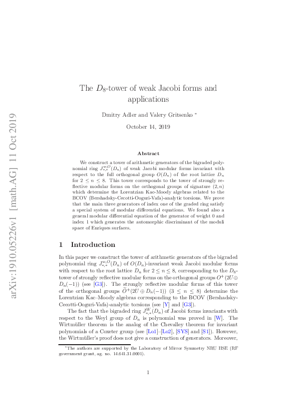 (PDF) The D8-tower of weak Jacobi forms and applications