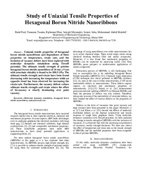 (PDF) Study of uniaxial tensile properties of hexagonal boron nitride nanoribbons