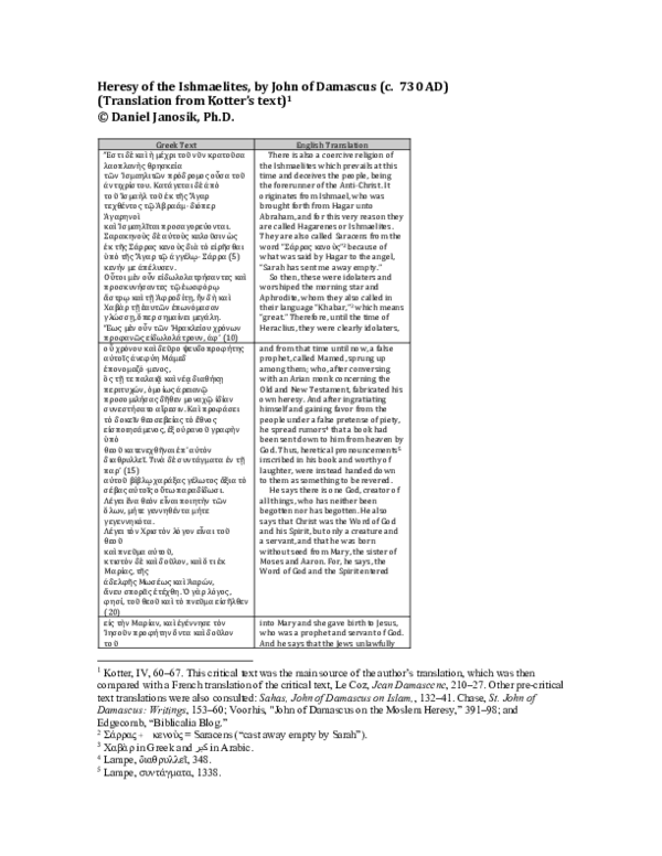 (PDF) Heresy of the Ishmaelites, by John of Damascus (c. 730 AD) (Greek ...