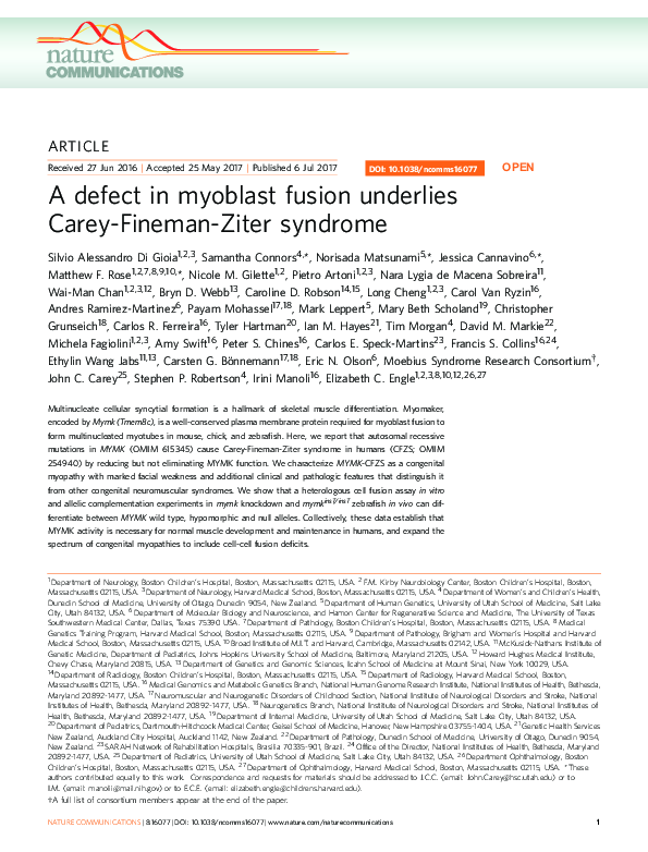 (PDF) A defect in myoblast fusion underlies Carey-Fineman-Ziter syndrome