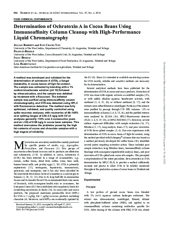 (PDF) Determination of Ochratoxin A in Cocoa Beans Using Immunoaffinity ...