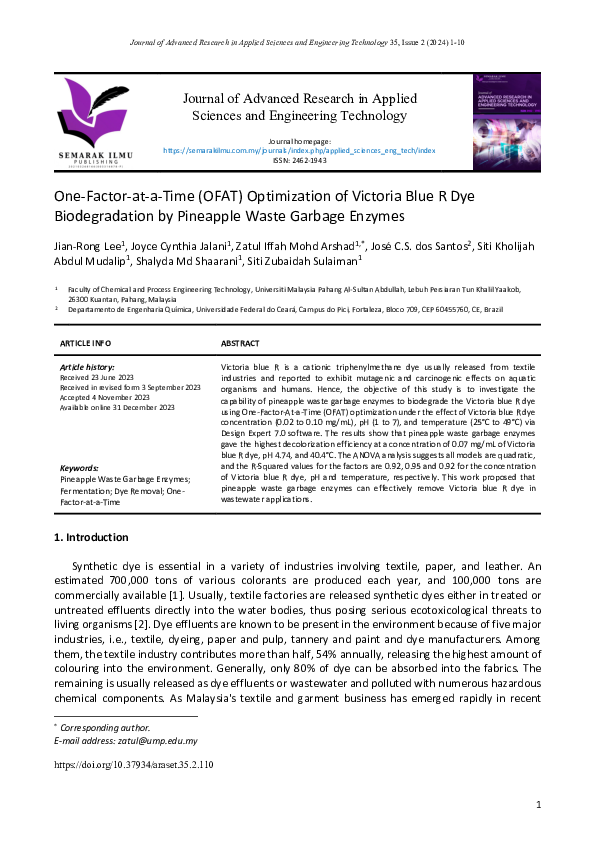 (PDF) One-Factor-at-a-Time (OFAT) Optimization of Victoria Blue R Dye ...