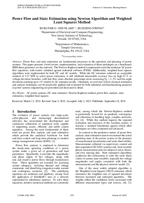 (PDF) Power Flow and State Estimation using Newton Algorithm and Weighted Least Squares Method
