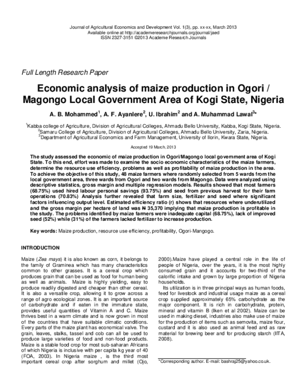 (PDF) Economic analysis of maize production in Ogori / Magongo Local ...