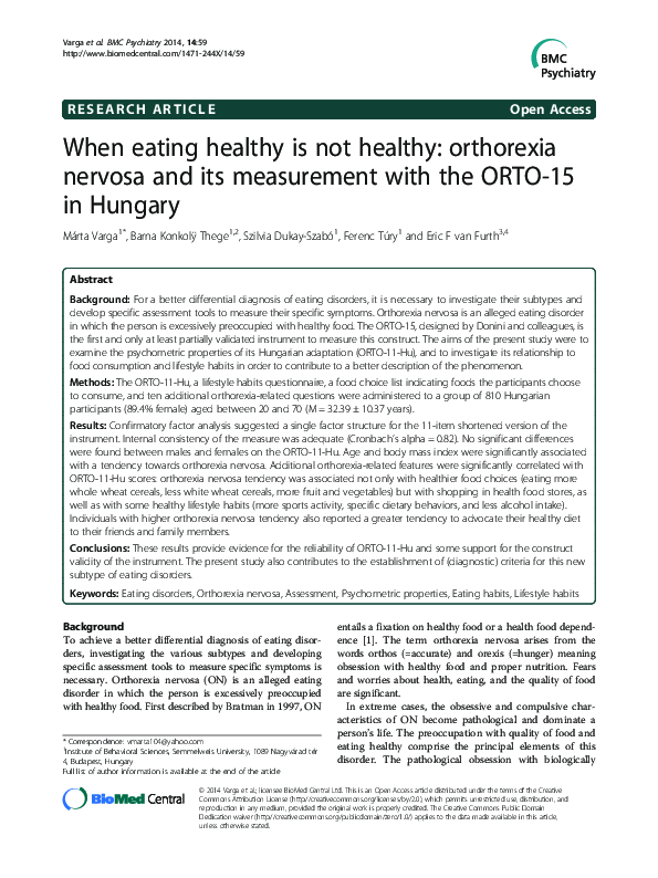(PDF) When eating healthy is not healthy: orthorexia nervosa and its measurement with the ORTO ...