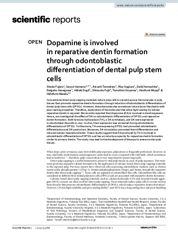 (PDF) Dopamine is involved in reparative dentin formation through ...