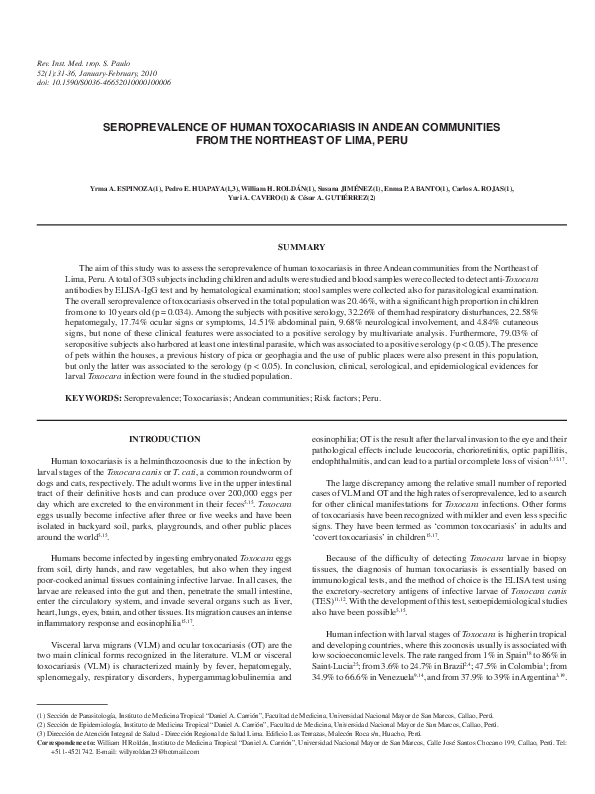 (PDF) Seroprevalence of human toxocariasis in Andean communities from ...