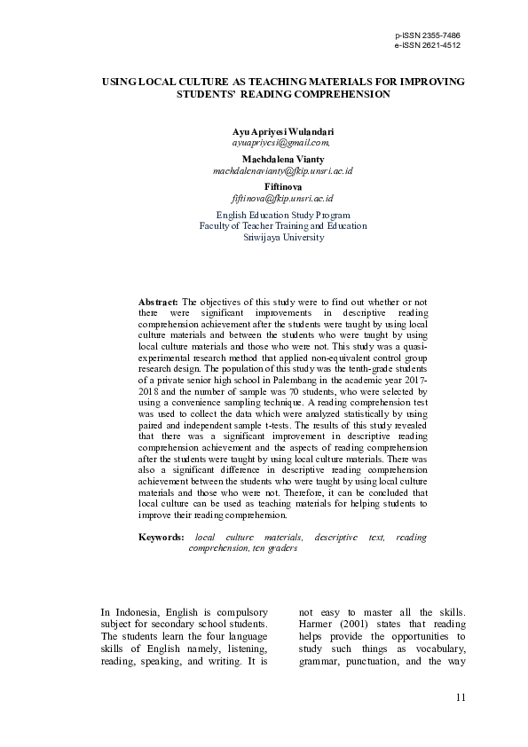 (PDF) Using Local Culture as Teaching Materials for Improving Students’ Reading Comprehension