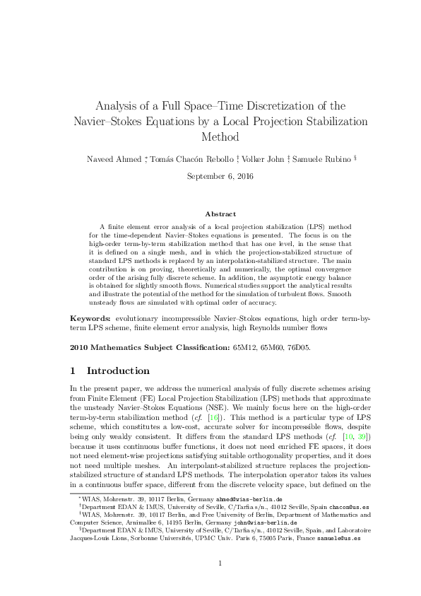 (PDF) Analysis of a Full Space–Time Discretization of the Navier–Stokes Equations by a Local ...