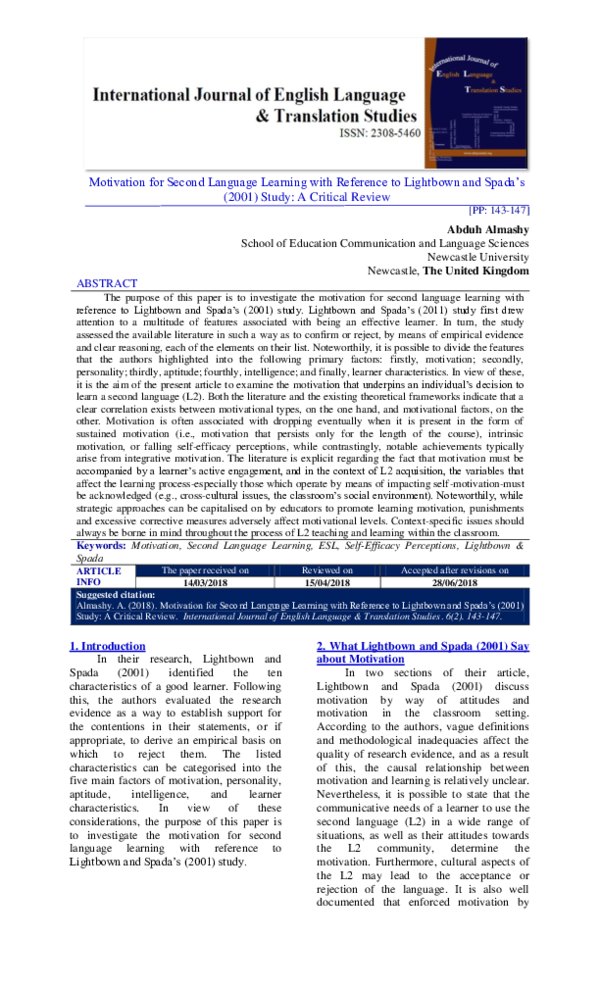 (PDF) Motivation for Second Language Learning with Reference to ...
