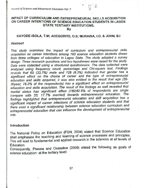 (PDF) Impact of Curriculm and Entrepreneurial Skills Acquisition on Career Intentions of Science ...