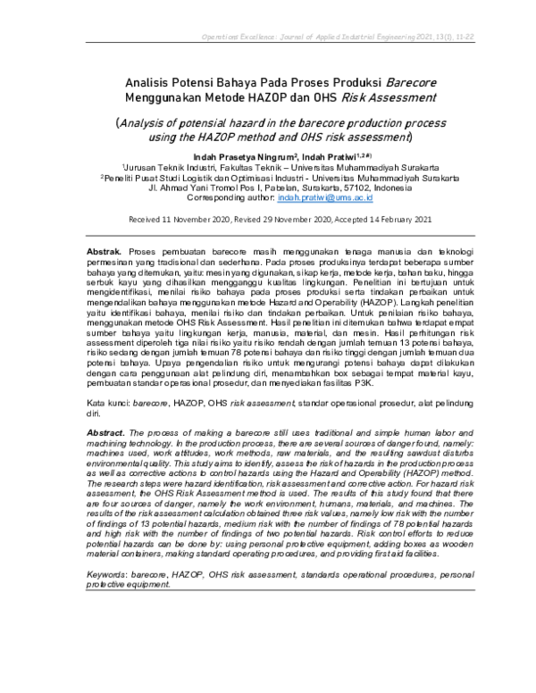 (PDF) Analisis Potensi Bahaya Pada Proses Produksi Barecore Menggunakan Metode HAZOP dan OHS ...