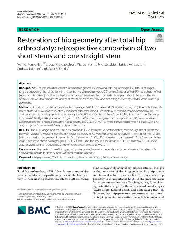 (PDF) Restoration of hip geometry after total hip arthroplasty ...