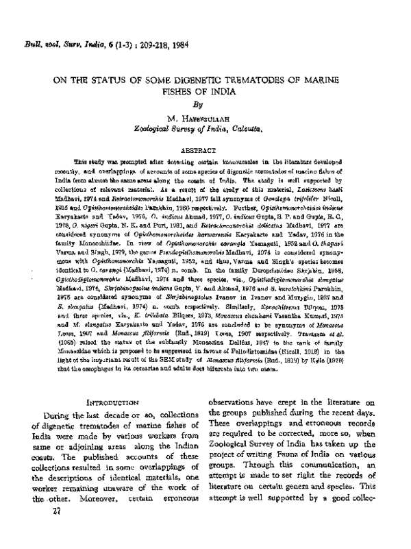 (PDF) On the Status of Some Digenetic Trematodes of Marine Fishes of India