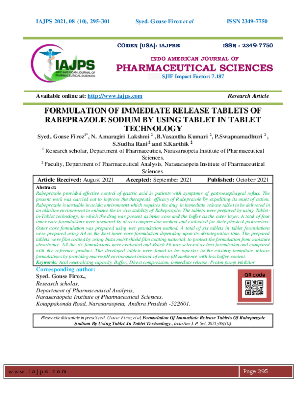 (PDF) Formulation of Immediate Release Tablets of Rabeprazole Sodium by ...