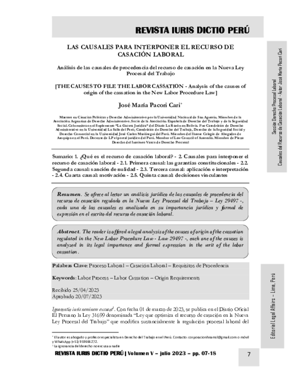 (PDF) CAUSALES PARA INTERPONER EL RECURSO DE CASACIÓN LABORAL - AUTOR JOSÉ MARÍA PACORI CARI