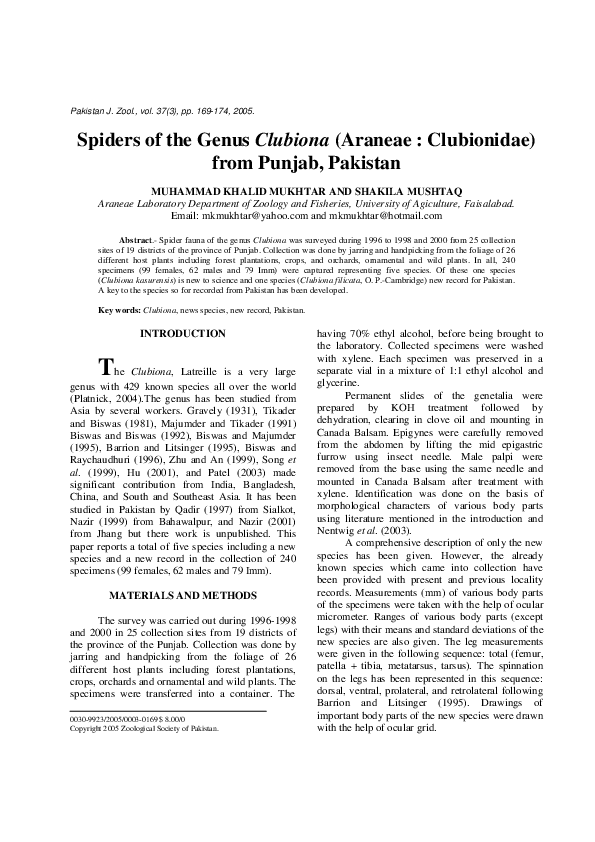 (PDF) Spiders of the genus Clubiona (Araneae: Clubionidae) from Punjab ...