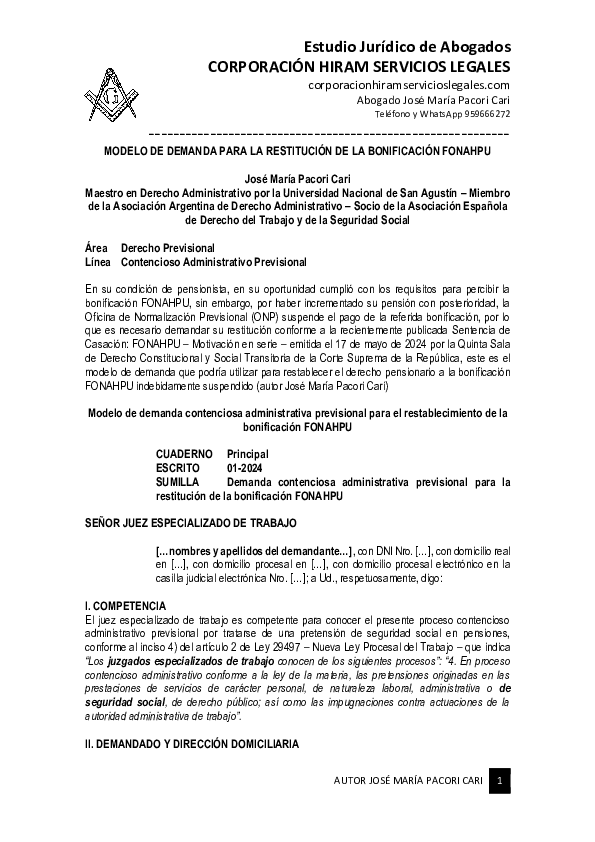 (PDF) MODELO DEMANDA PARA LA RESTITUCIÓN DE LA BONIFICACIÓN FONAHPU ...