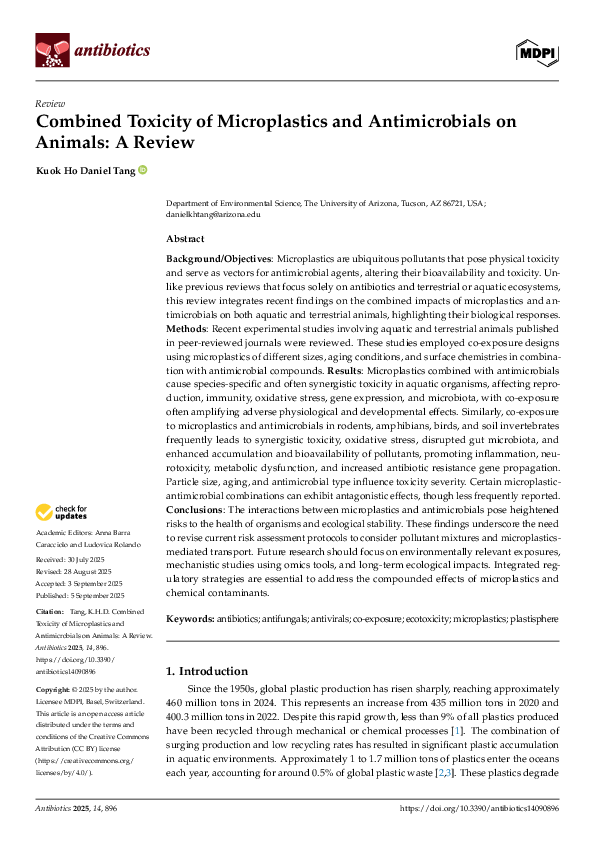 (PDF) Combined Toxicity of Microplastics and Antimicrobials on Animals: A Review