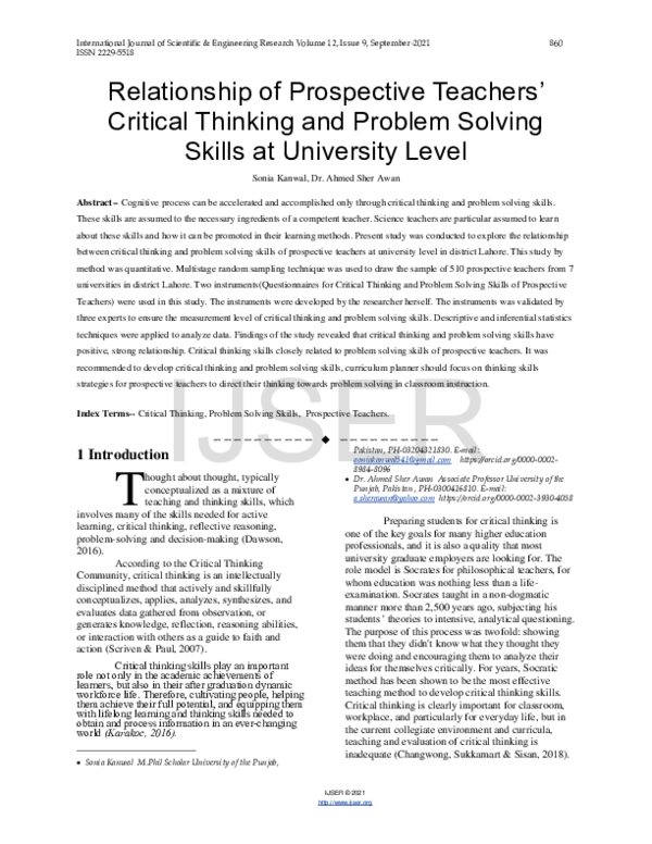 (PDF) Relationship of Prospective Teachers' Critical Thinking and Problem Solving Skills at ...
