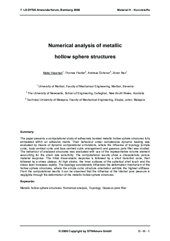 (PDF) Numerical analysis of metallic hollow sphere structures
