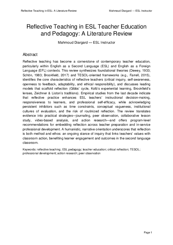 (PDF) Reflective Teaching in ESL: A Literature Review