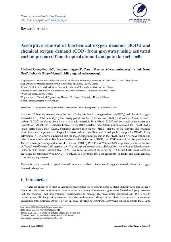 (PDF) Adsorptive removal of biochemical oxygen demand (BOD5) and chemical oxygen demand (COD ...