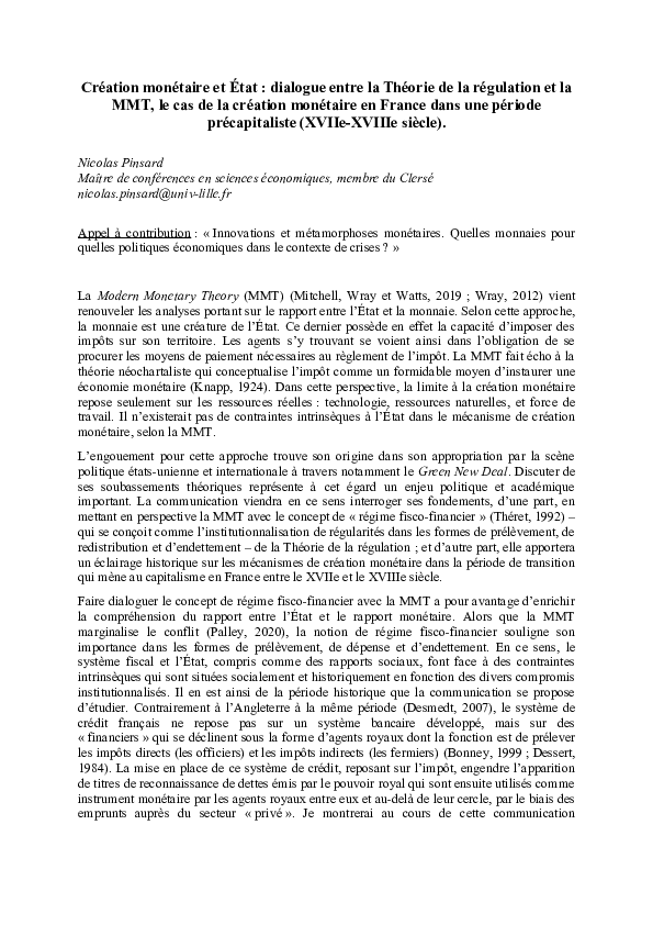 (PDF) Création monétaire et État. Dialogue entre la Théorie de la ...