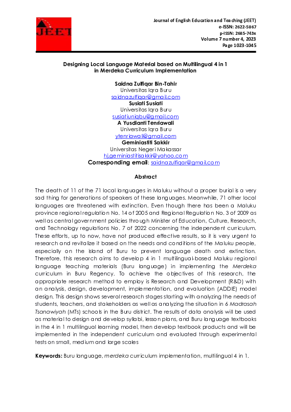 (PDF) Designing Local Language Material based on Multilingual 4 in 1 in ...