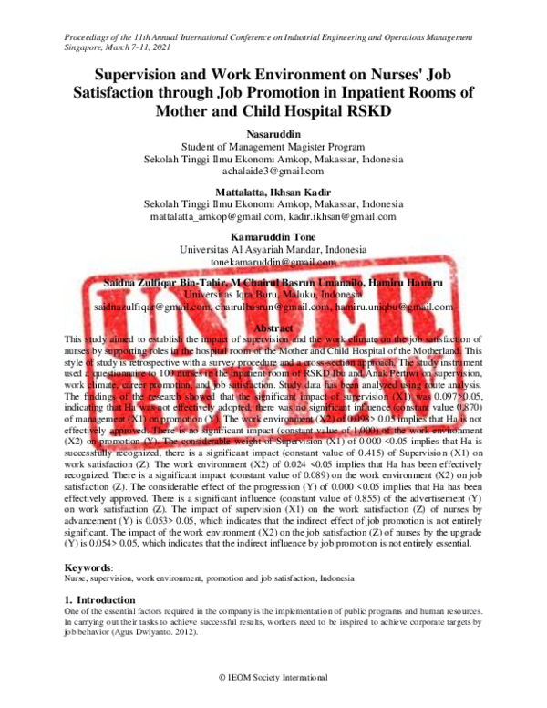 (PDF) Supervision and Work Environment on Nurses' Job Satisfaction ...