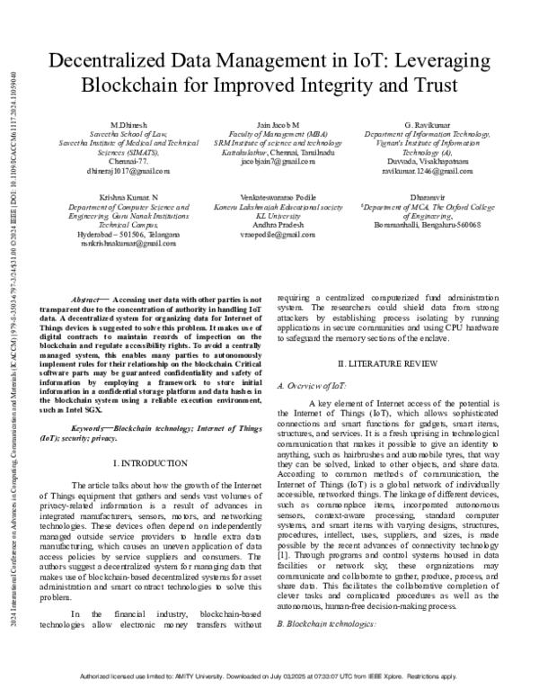 (PDF) Decentralized Data Management in IoT: Leveraging Blockchain for ...