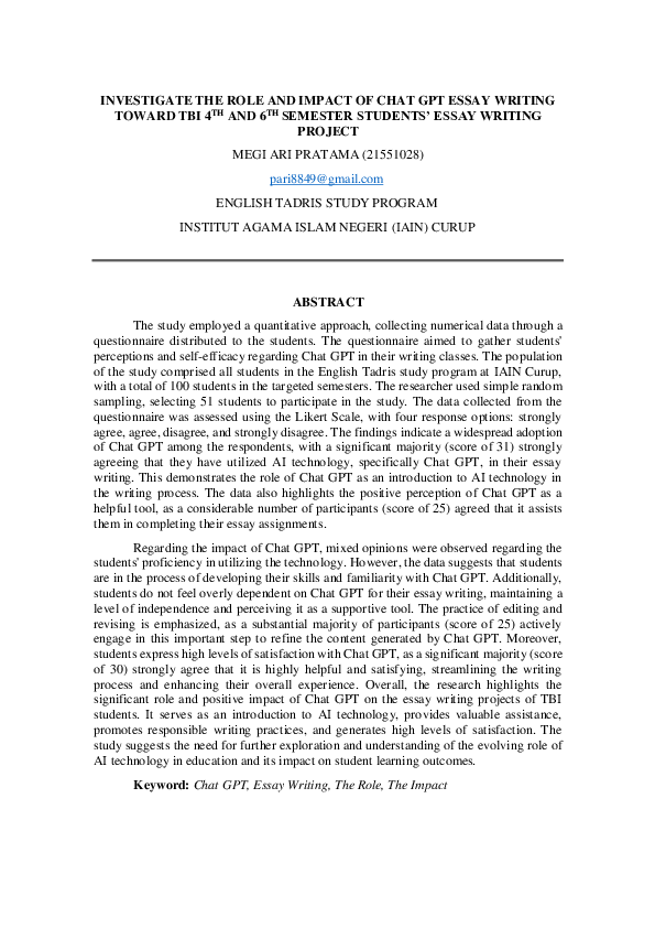 (PDF) Investigate The Role and Impact of CHAT GPT Essay Writing toward ...