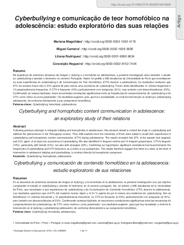 (PDF) Cyberbullying e comunicação de teor homofóbico na adolescência ...