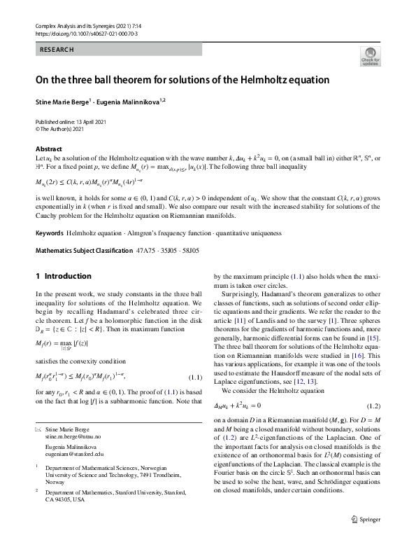 (PDF) On the three ball theorem for solutions of the Helmholtz equation