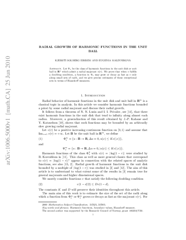 (PDF) Radial growth of harmonic functions in the unit ball