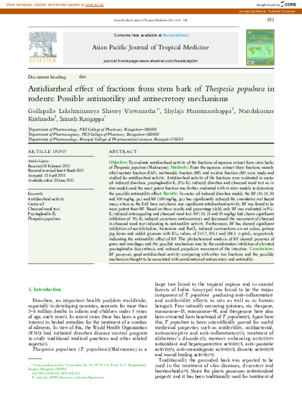 (PDF) Antidiarrheal effect of fractions from stem bark of Thespesia ...